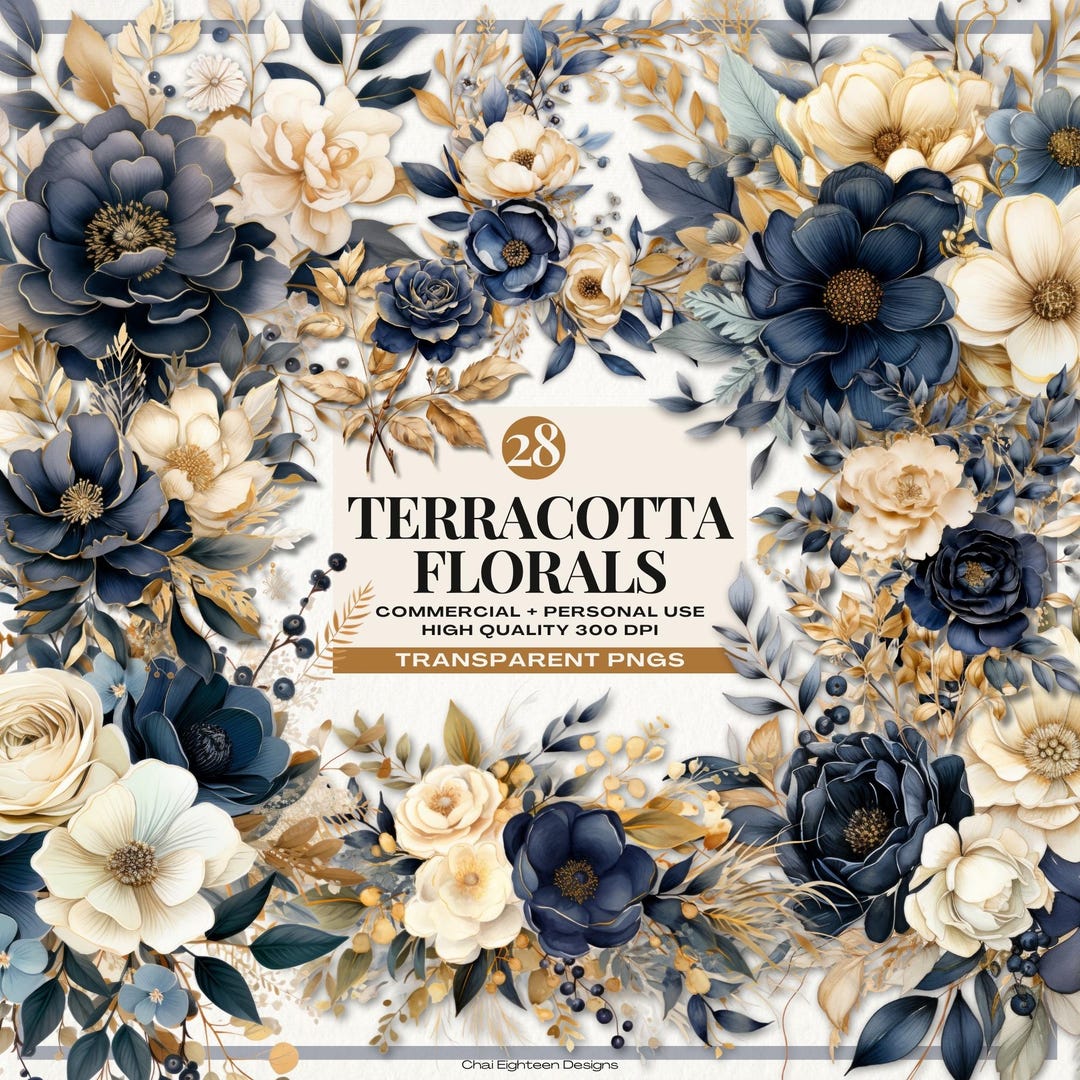 Navy and Gold Floral Clipart, Blue Flowers and Gold Leaves ...