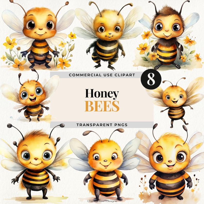 Cute Honey Bee Clipart Set, 8 Watercolor Bees With Flowers, Bumble Bee ...