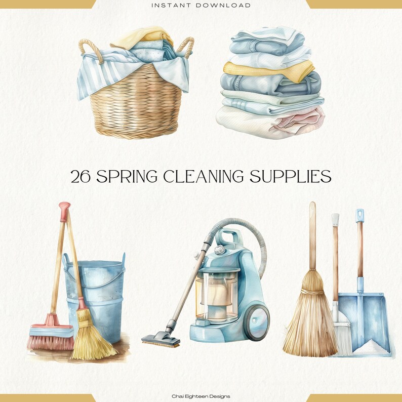Spring Clean Clipart, Watercolor Housekeeping Clip Art, Cleaning ...