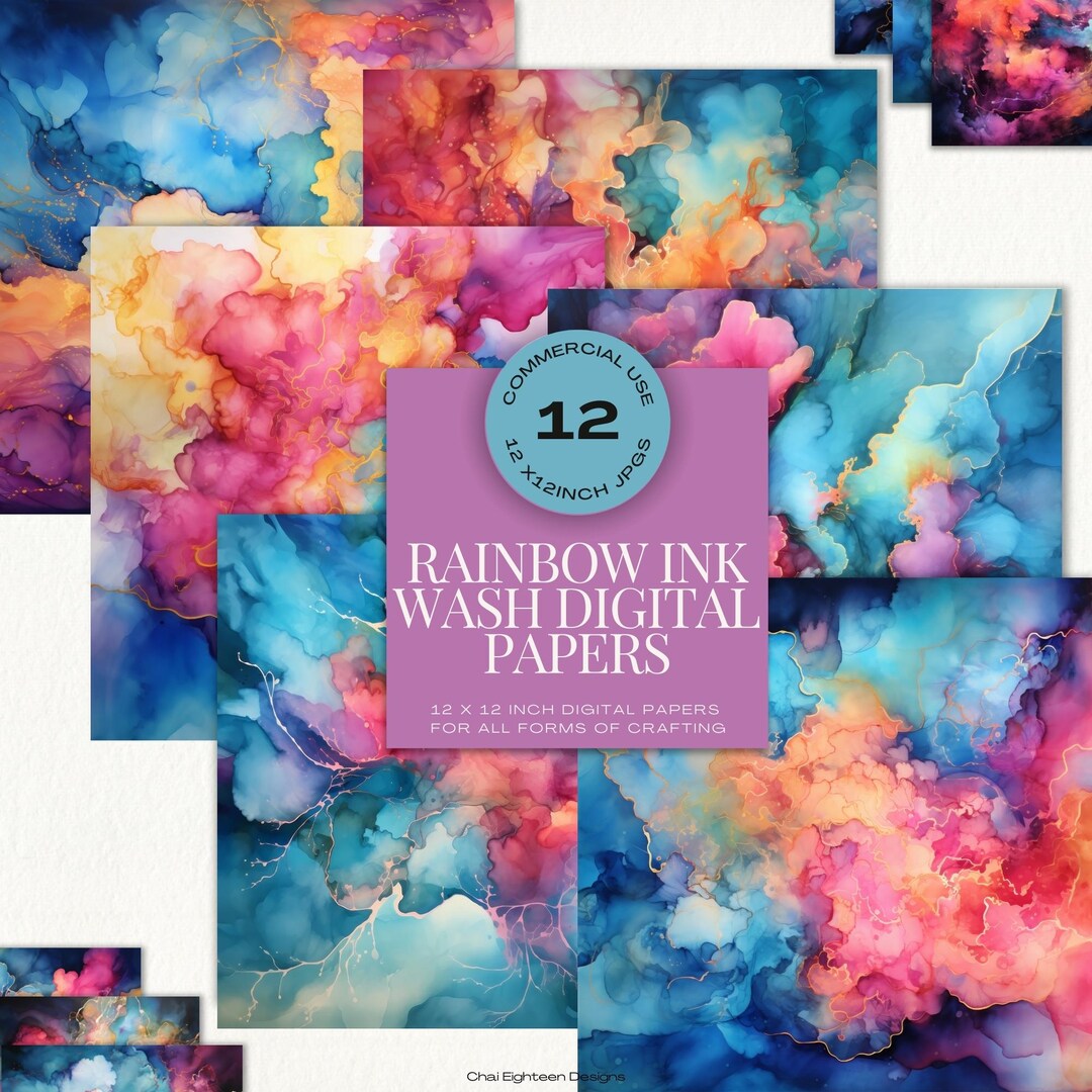 Rainbow Watercolor Ink Wash Digital Papers, Alcohol Ink Splatter ...