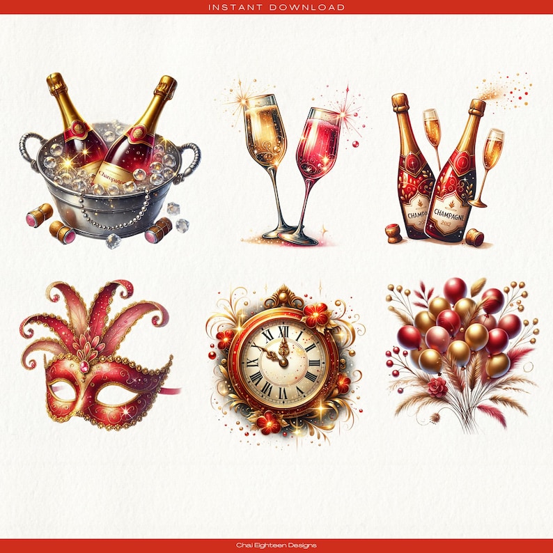 Happy New Year Clipart Red and Gold 2025, Champagne PNG, Watercolor New ...