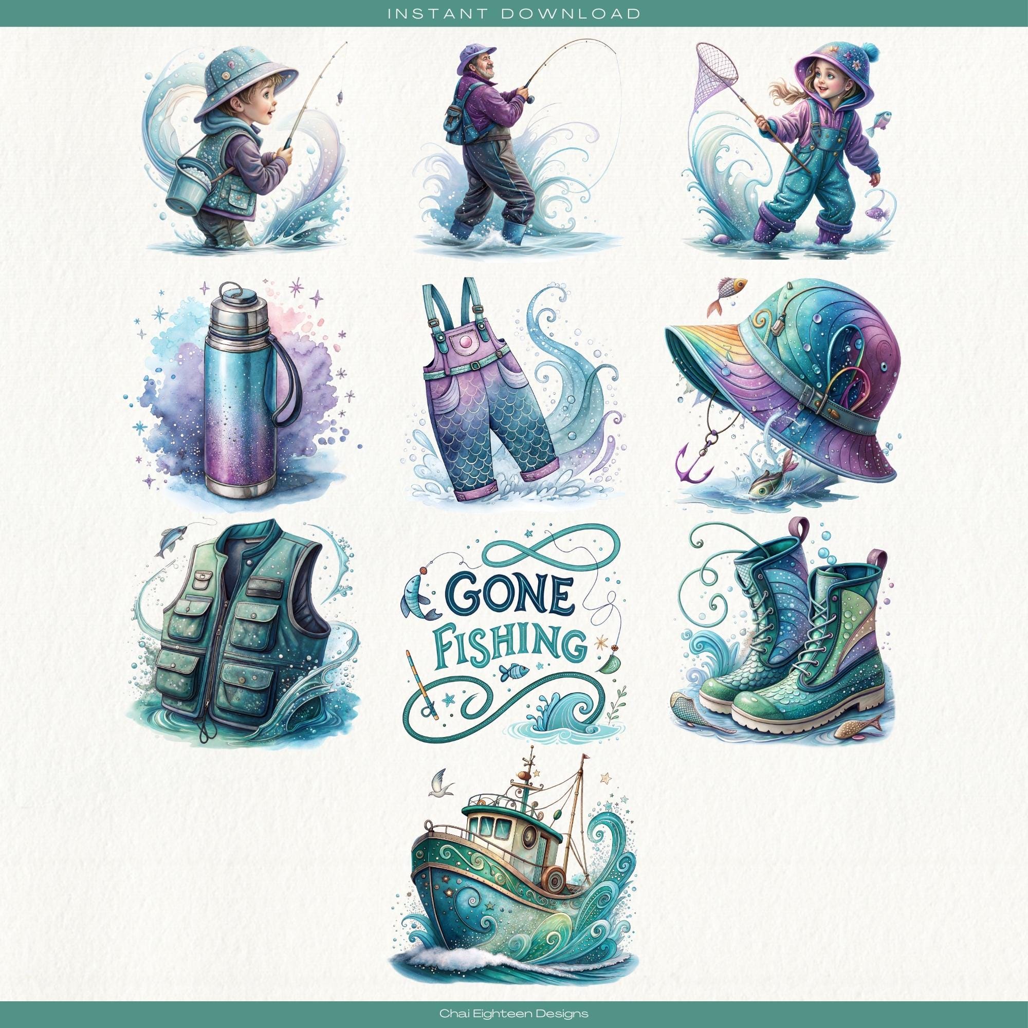 Fishing Tackle Watercolor Clipart, Gone Fishing PNG Collection, Cute ...