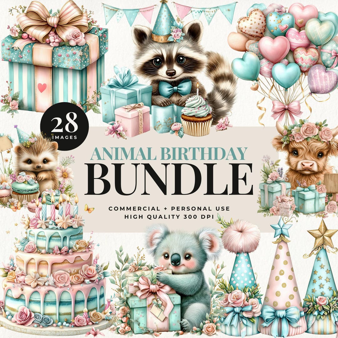 Cute Animal Birthday Party Clipart Png Bundle, Whimsical Party Décor ...