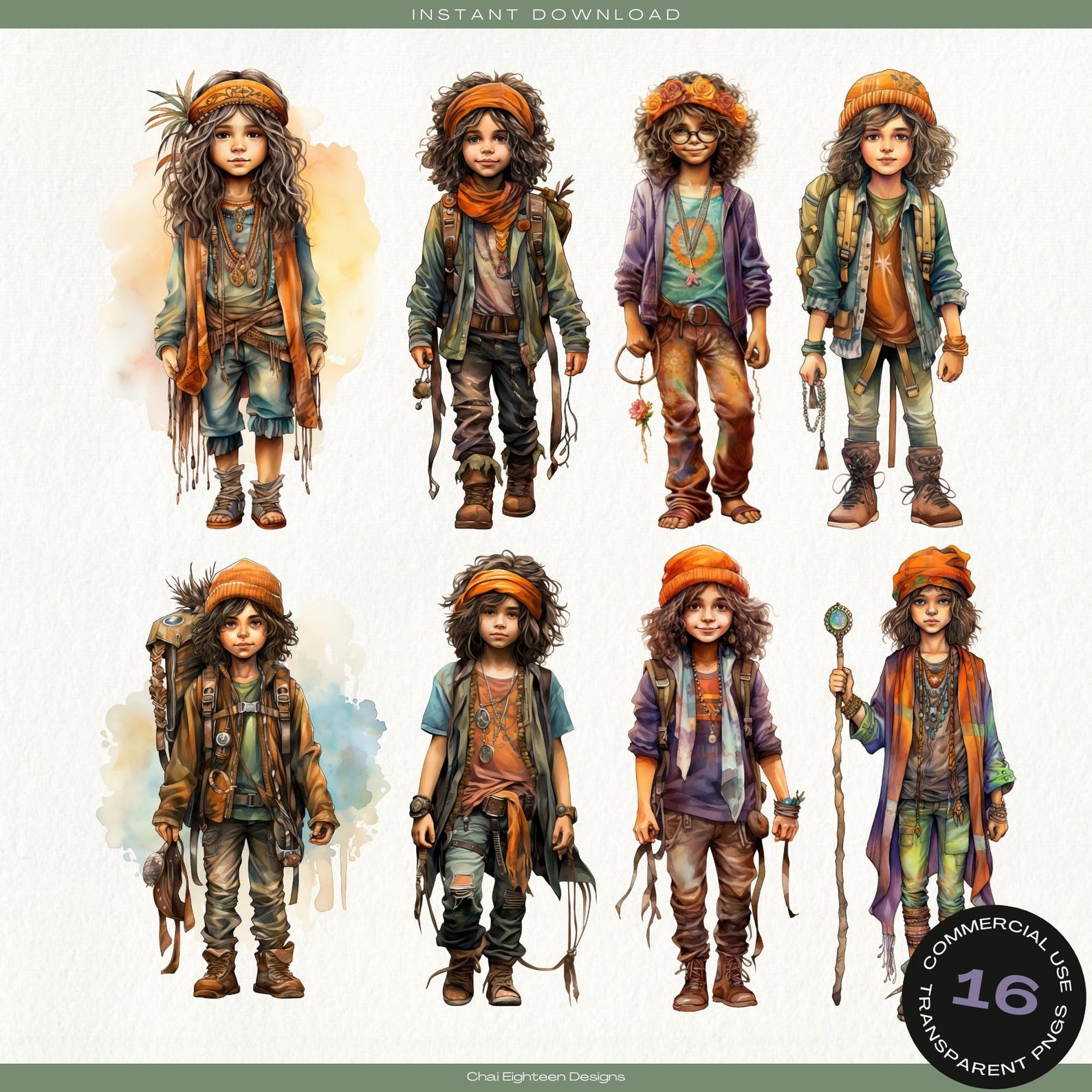 Hippie Boy Clipart Set, 16 Boho-themed Images, Retro Hippie ...