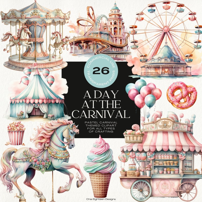 Pastel Carnival Clipart Carousel Clip Art Amusement Park Funfair ...