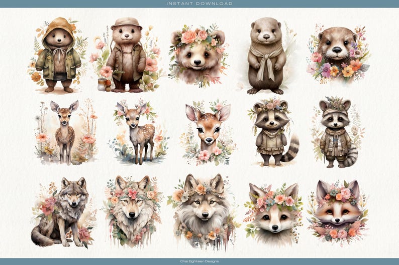Boho Woodland Animal Clipart, Cute Forest Animals, Woodland Baby Shower ...
