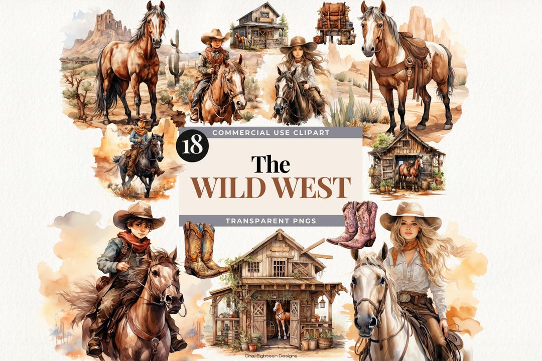 Wild West Cowboy Clipart PNG Set, Western Horses and Riders, Rustic ...