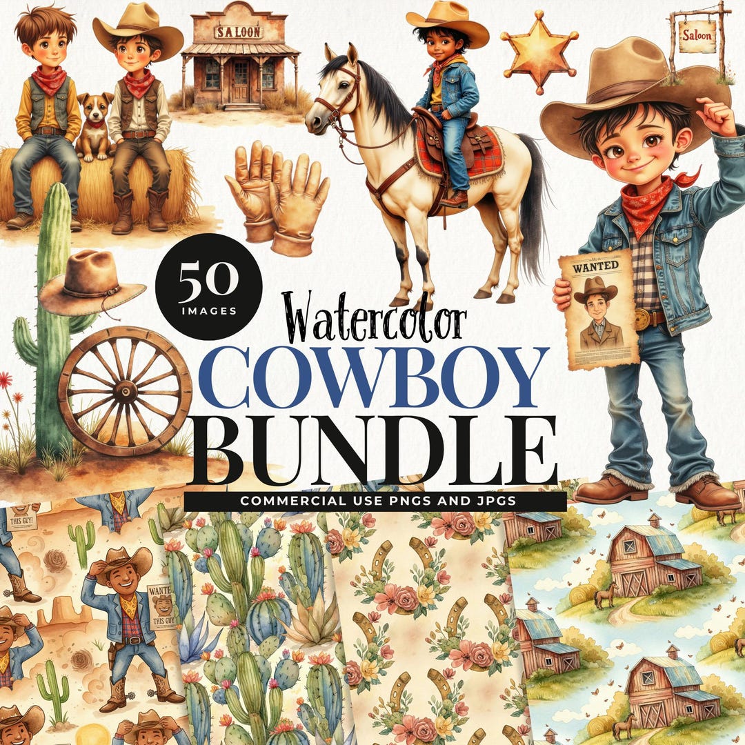 Watercolor Cowboy Clipart and Papers Bundle: 50 Rustic Western Pngs ...