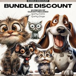 Quirky Cat and Dog Clipart Bundle, Whimsical Cats and Dogs Clip Art ...