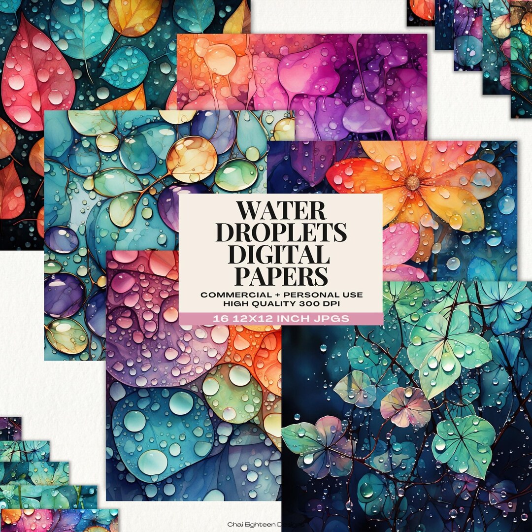 Water Drops Digital Papers, Vibrant Rain Drop Backgrounds, Water Drops ...