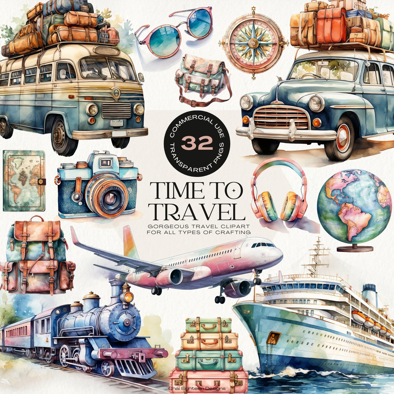 Watercolor Travel Clipart, Vacation Globe Clip Art, Summer Vacation ...