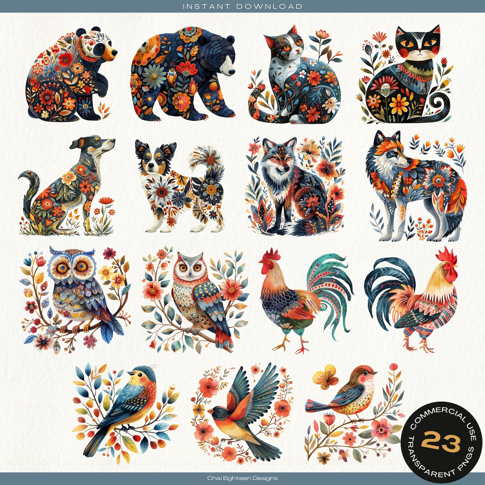 Folk Art Animal Clipart, Scandinavian Folk Art, Nordic Art, Swedish ...