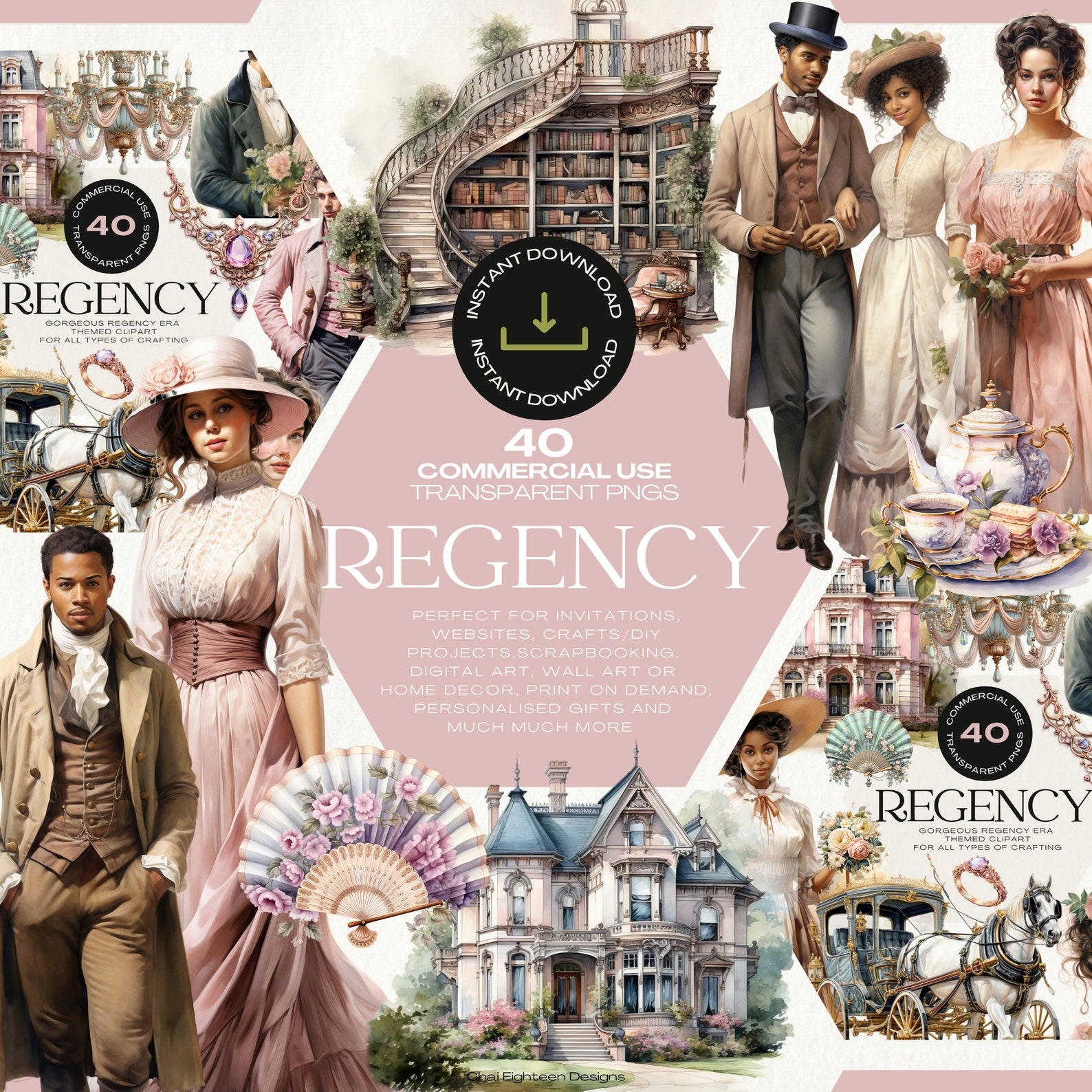 Regency Era Clipart Vintage Romance Clipart Bundle Regency Watercolor ...