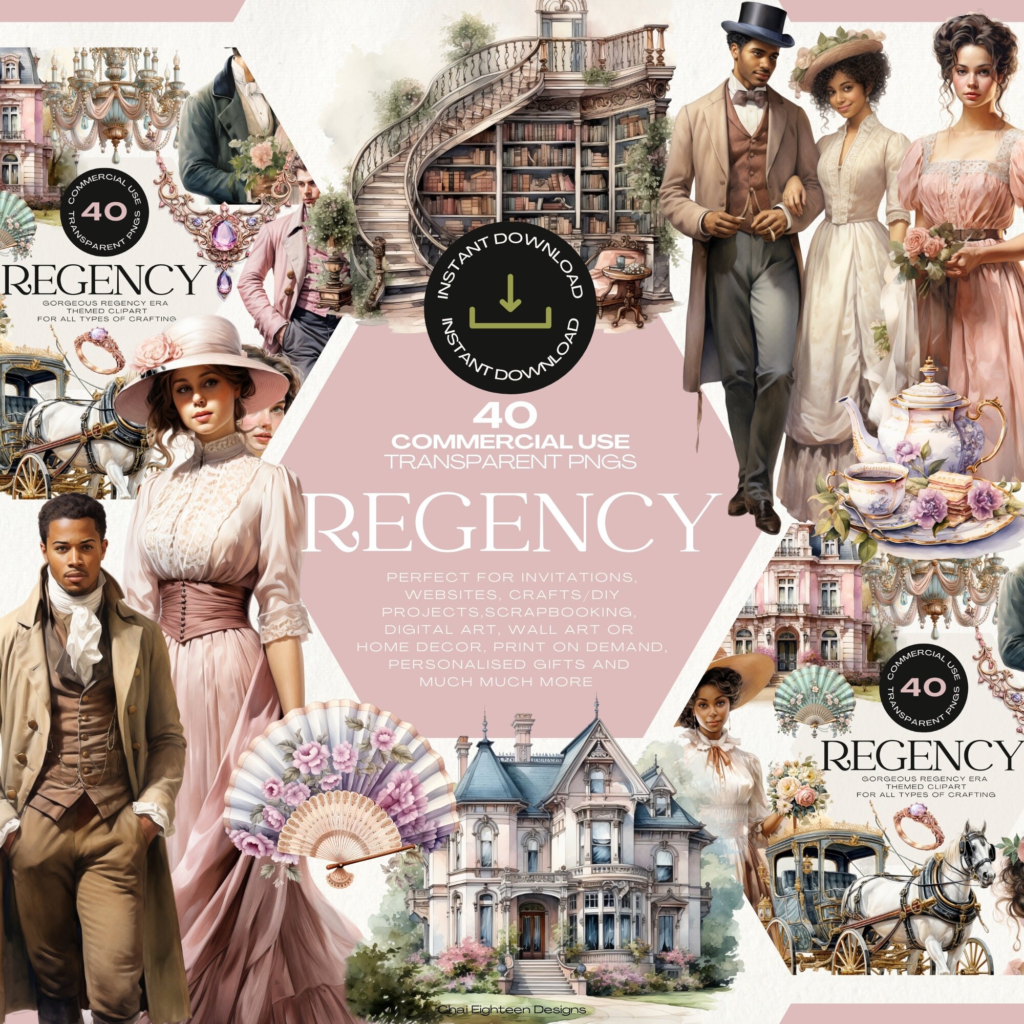 Regency Era Clipart Vintage Romance Clipart Bundle Regency Watercolor ...