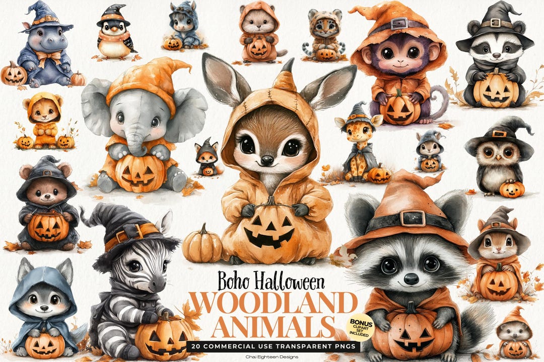 Halloween Woodland Animals Clipart: 20 Boho Fall Pngs, Digital Download ...