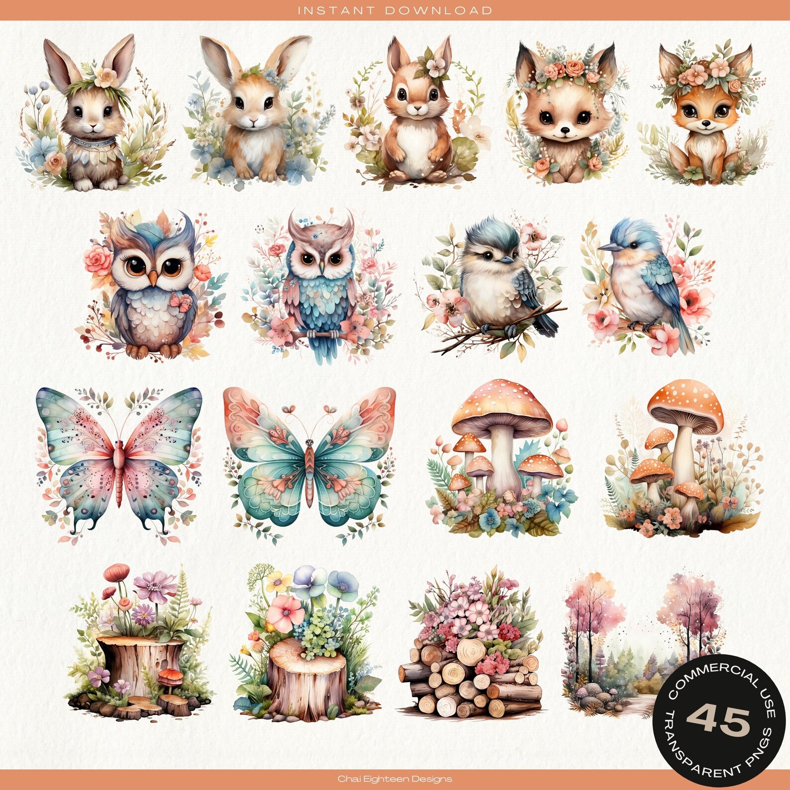 Boho Woodland Animal Clipart, Cute Forest Animals, Woodland Baby Shower ...
