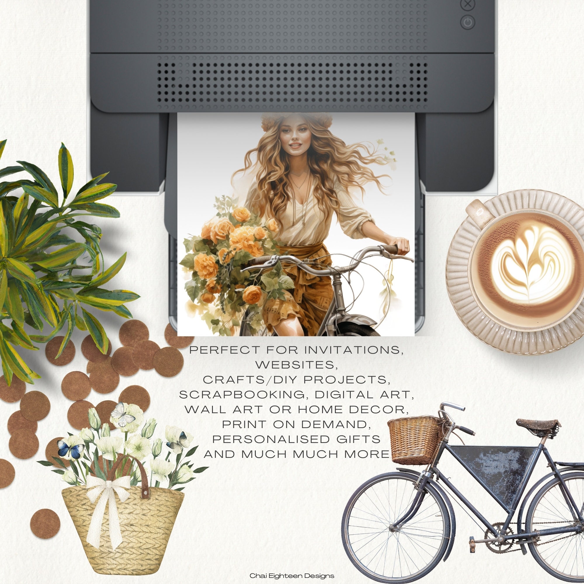 Girl on Bicycle Clipart, Bicycle Ride Design, Watercolor Floral Baskets ...