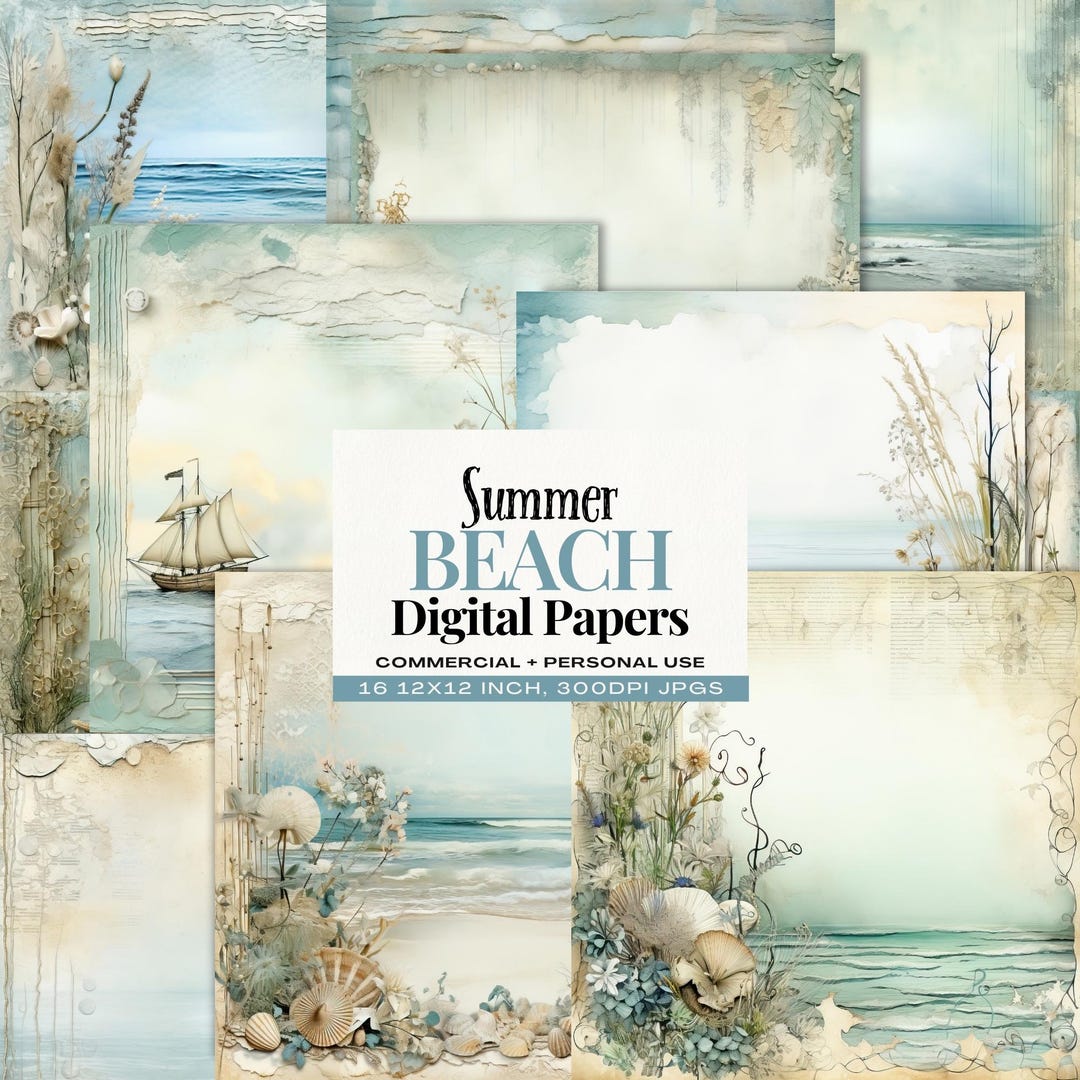 Vintage Coastal Beach Digital Papers, Ocean Scrapbook Backgrounds ...
