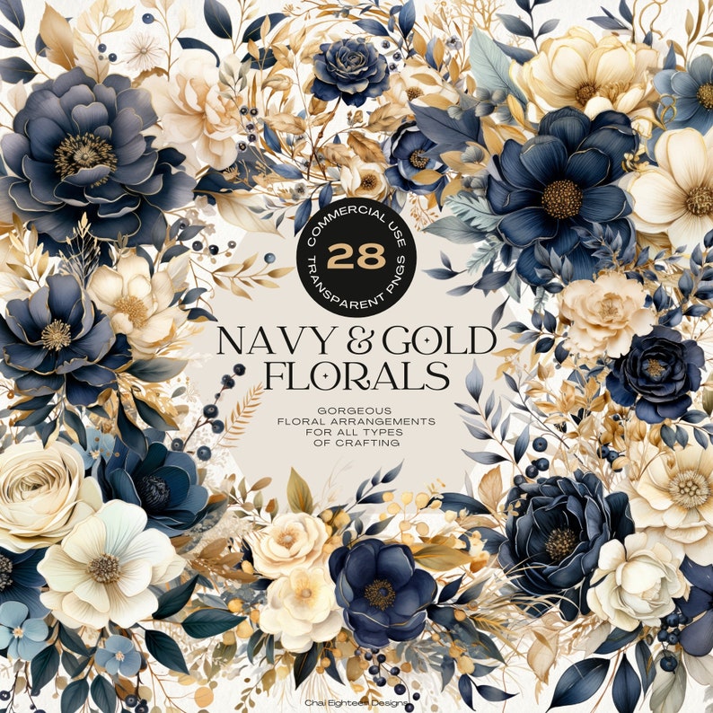 Navy and Gold Floral Clipart, Blue Flowers and Gold Leaves ...