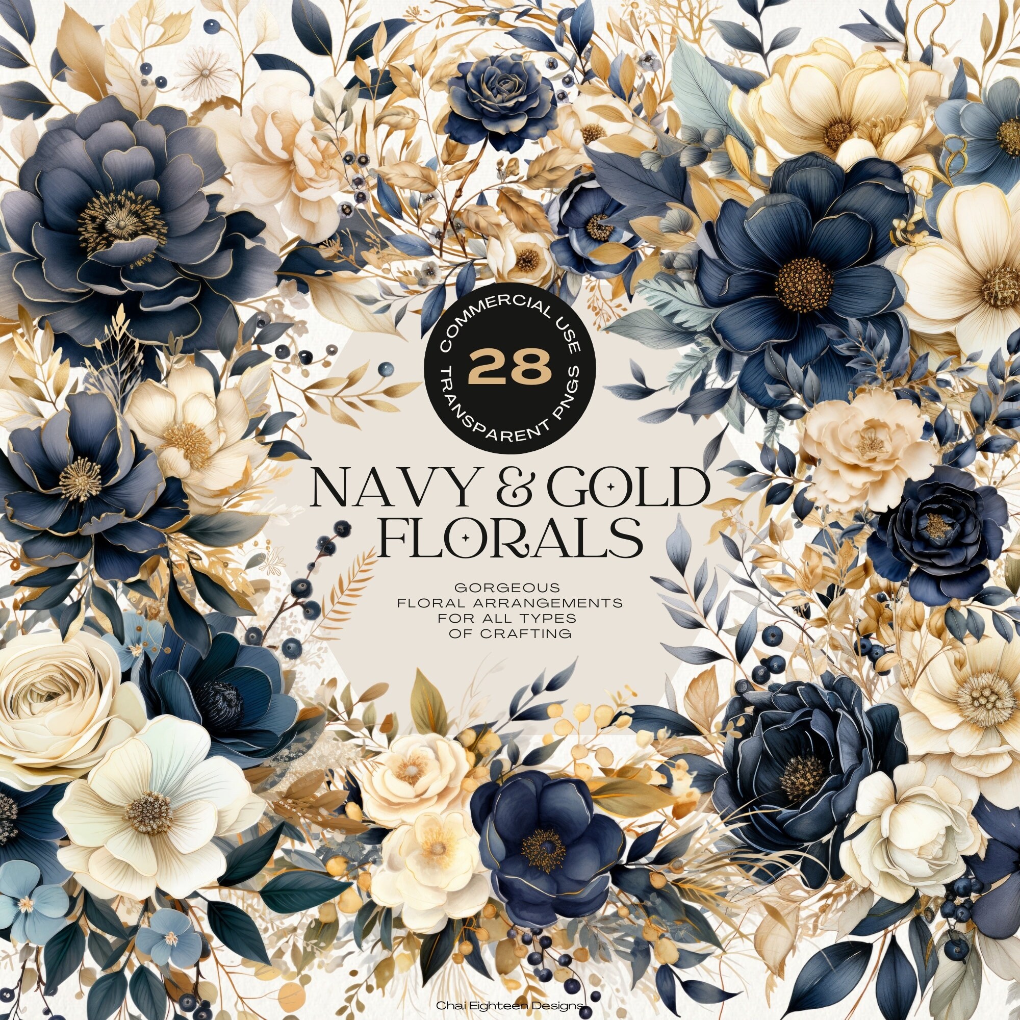 Navy and Gold Floral Clipart, Blue Flowers and Gold Leaves ...