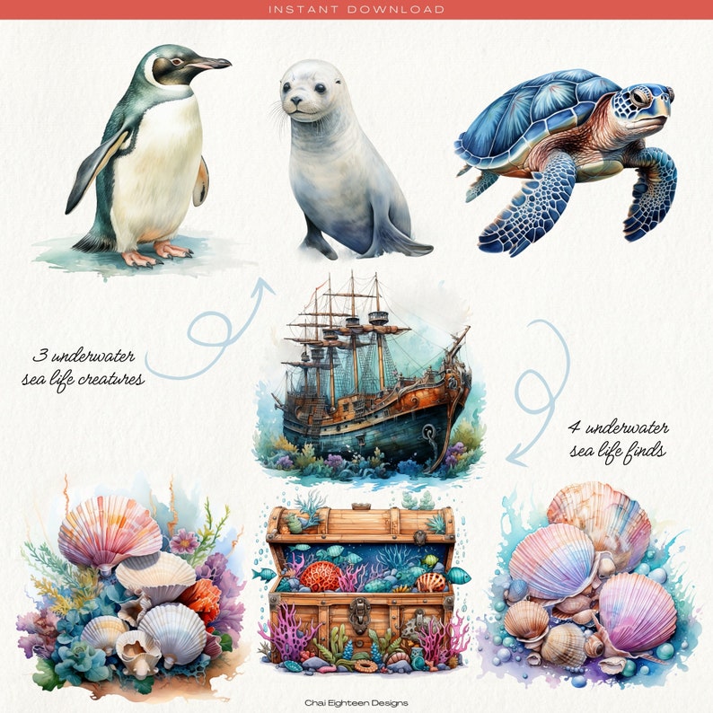 Under the Sea Clipart, Watercolor Sea Creatures, Underwater Animals ...