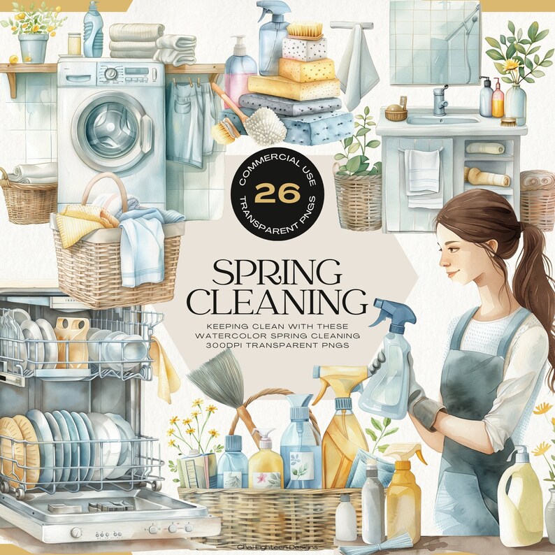 Spring Clean Clipart, Watercolor Housekeeping Clip Art, Cleaning ...