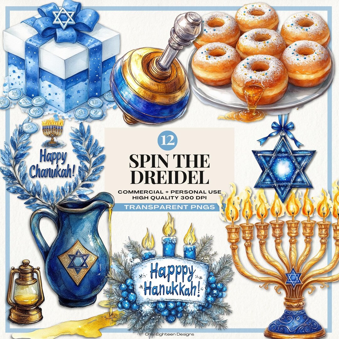 Watercolor Happy Hanukkah Clipart Set, Spin the Dreidel Clipart Bundle ...