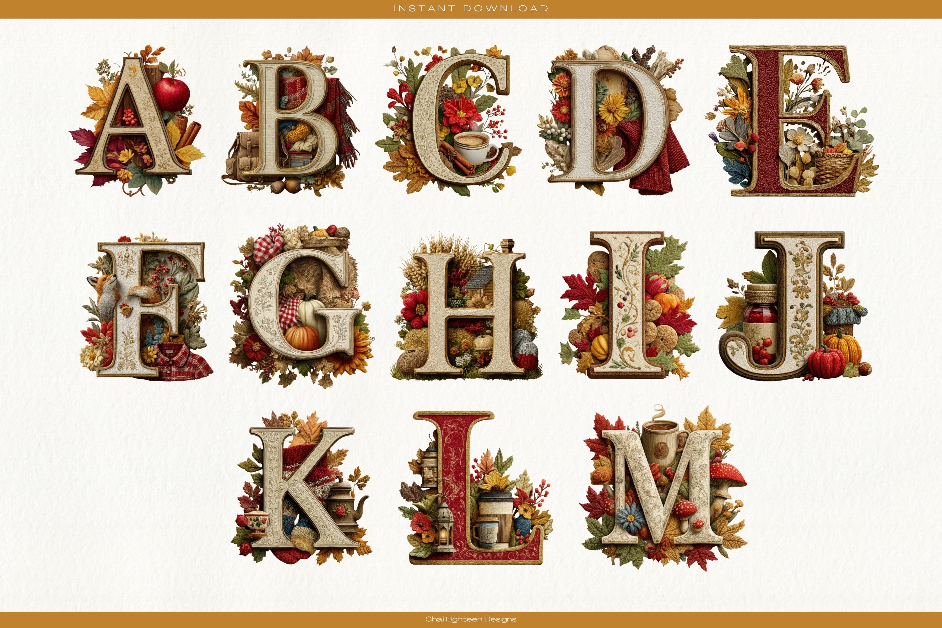 Monogram Initials Clipart Set, Fall Alphabet Letter Png Download ...