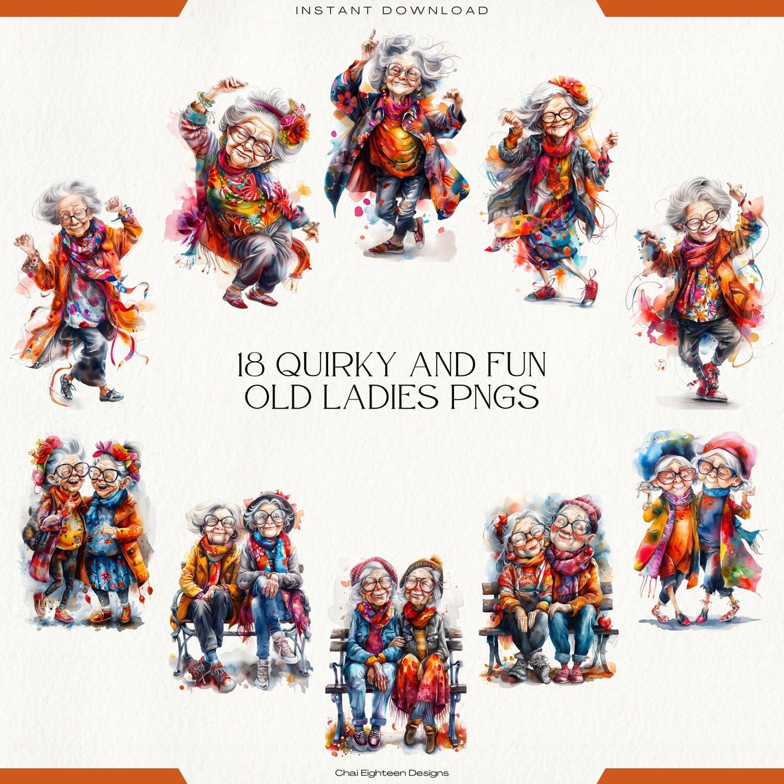 Funny Old Ladies Clipart, Watercolor Cartoon Grandma Png, Cheerful ...