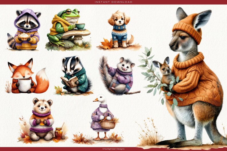 Woodland Animals in Sweaters Clipart, Watercolor Sweater Weather ...