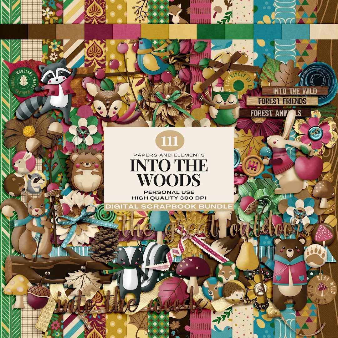 Woodland Animals Digital Scrapbook Bundle, 111 Papers and Elements for ...