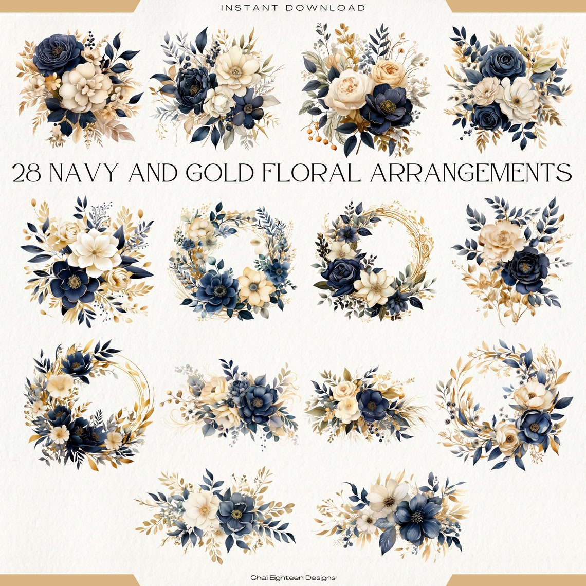 Navy and Gold Floral Clipart, Blue Flowers and Gold Leaves ...