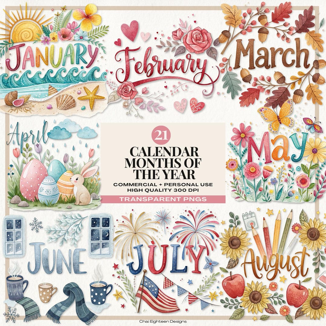 Months of the Year Clipart, Whimsical Seasonal Calendar Png, Digital ...