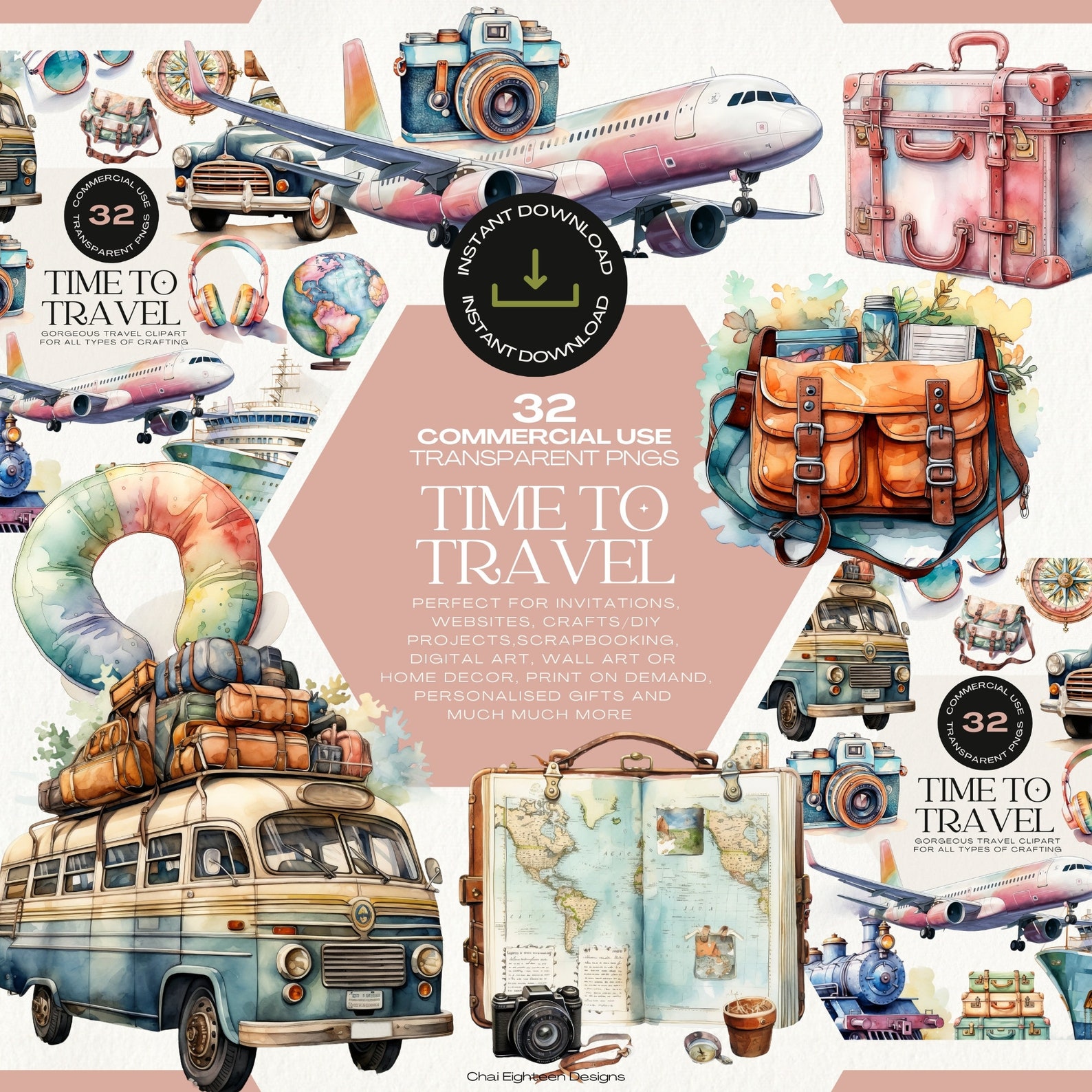 Watercolor Travel Clipart, Vacation Globe Clip Art, Summer Vacation ...