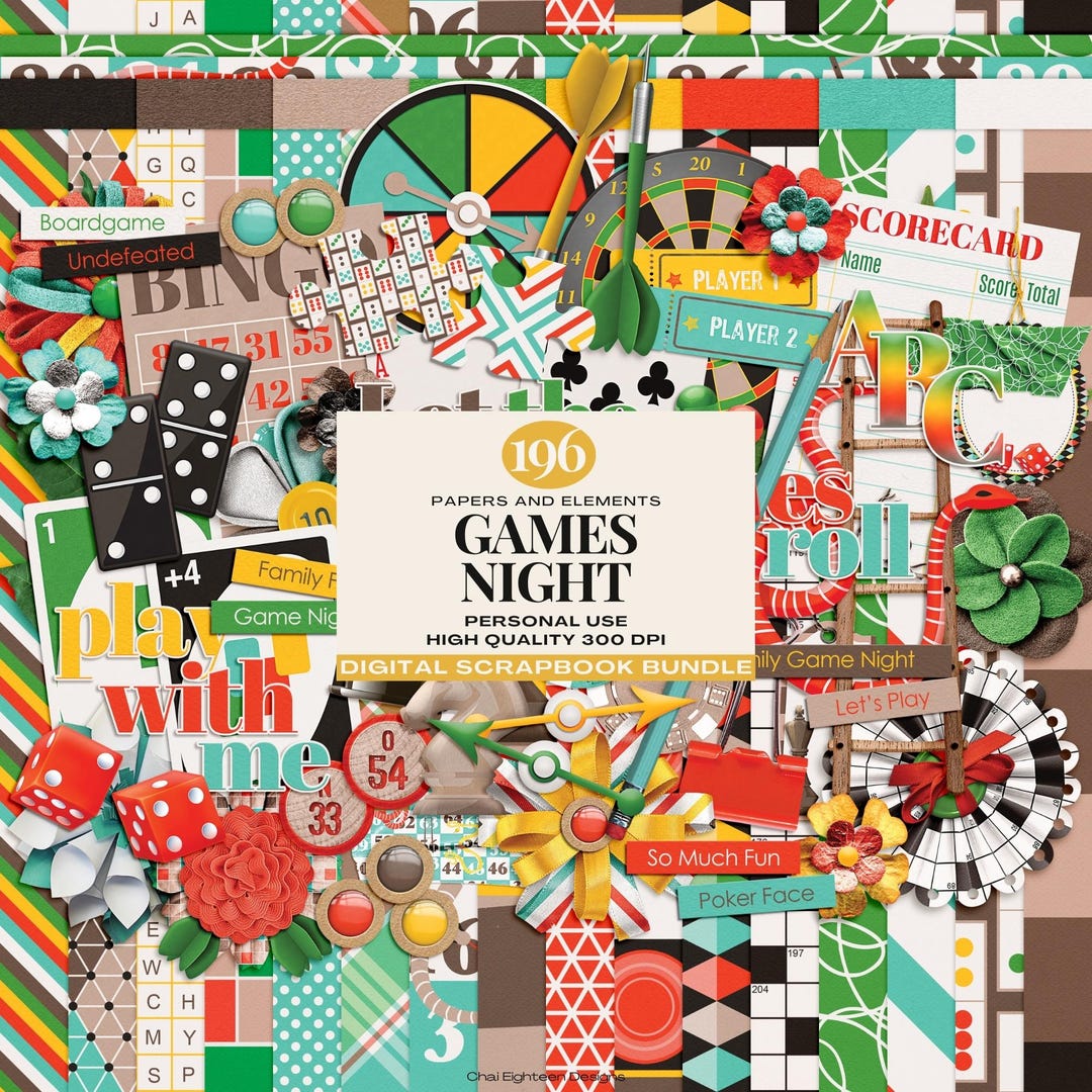 Family Game Night Digital Scrapbook Kit, Board Game Dice Illustrations ...