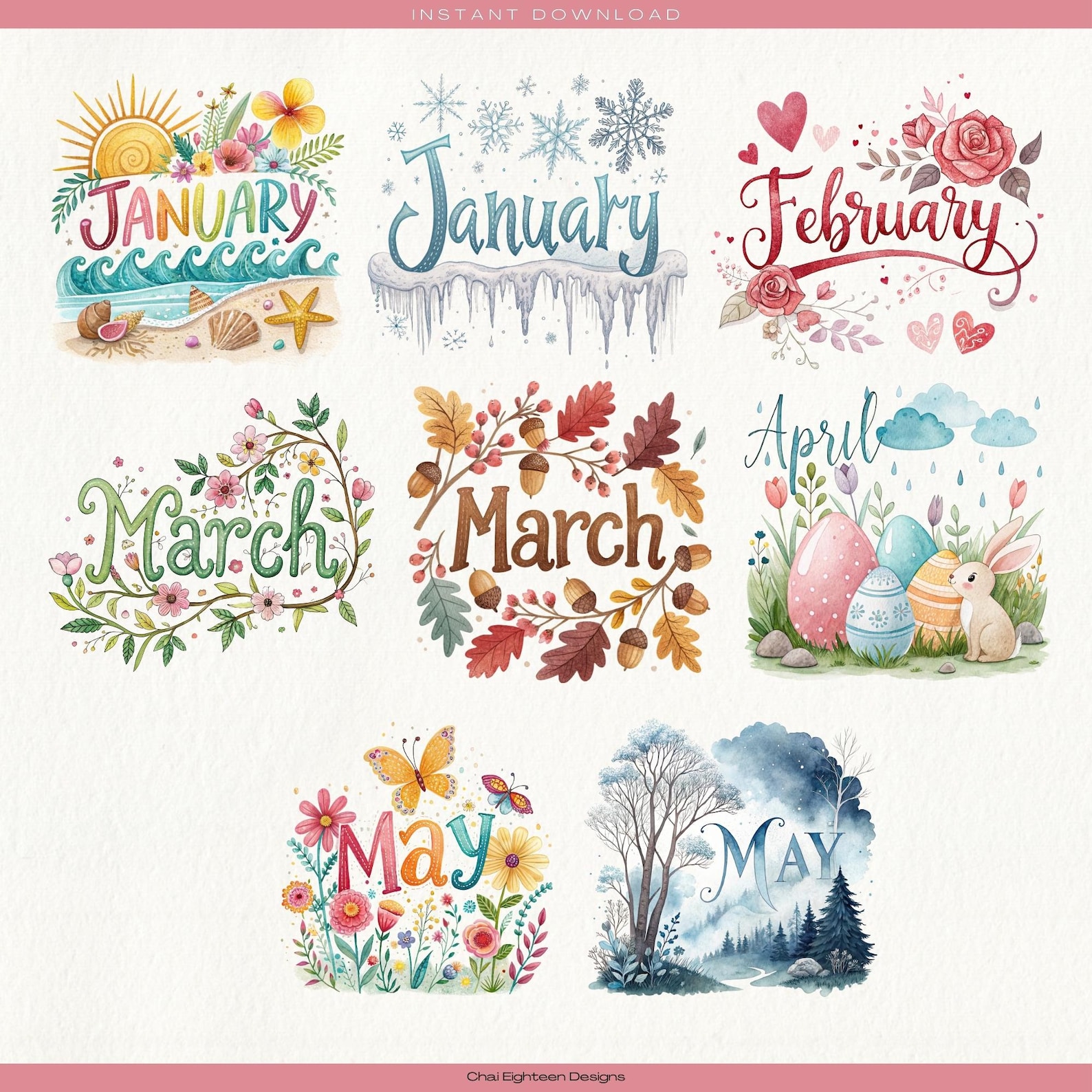 Months of the Year Clipart, Whimsical Seasonal Calendar Png, Digital ...