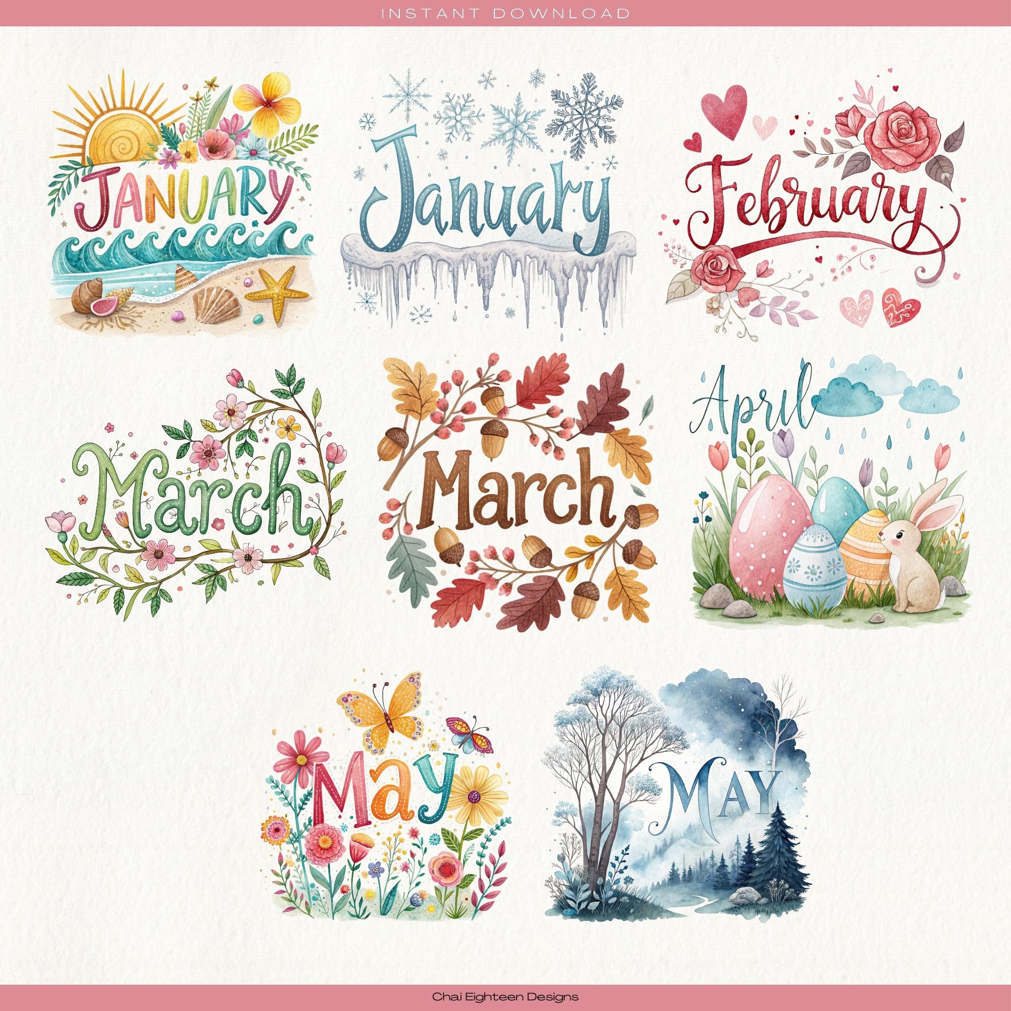 Months of the Year Clipart, Whimsical Seasonal Calendar Png, Digital ...