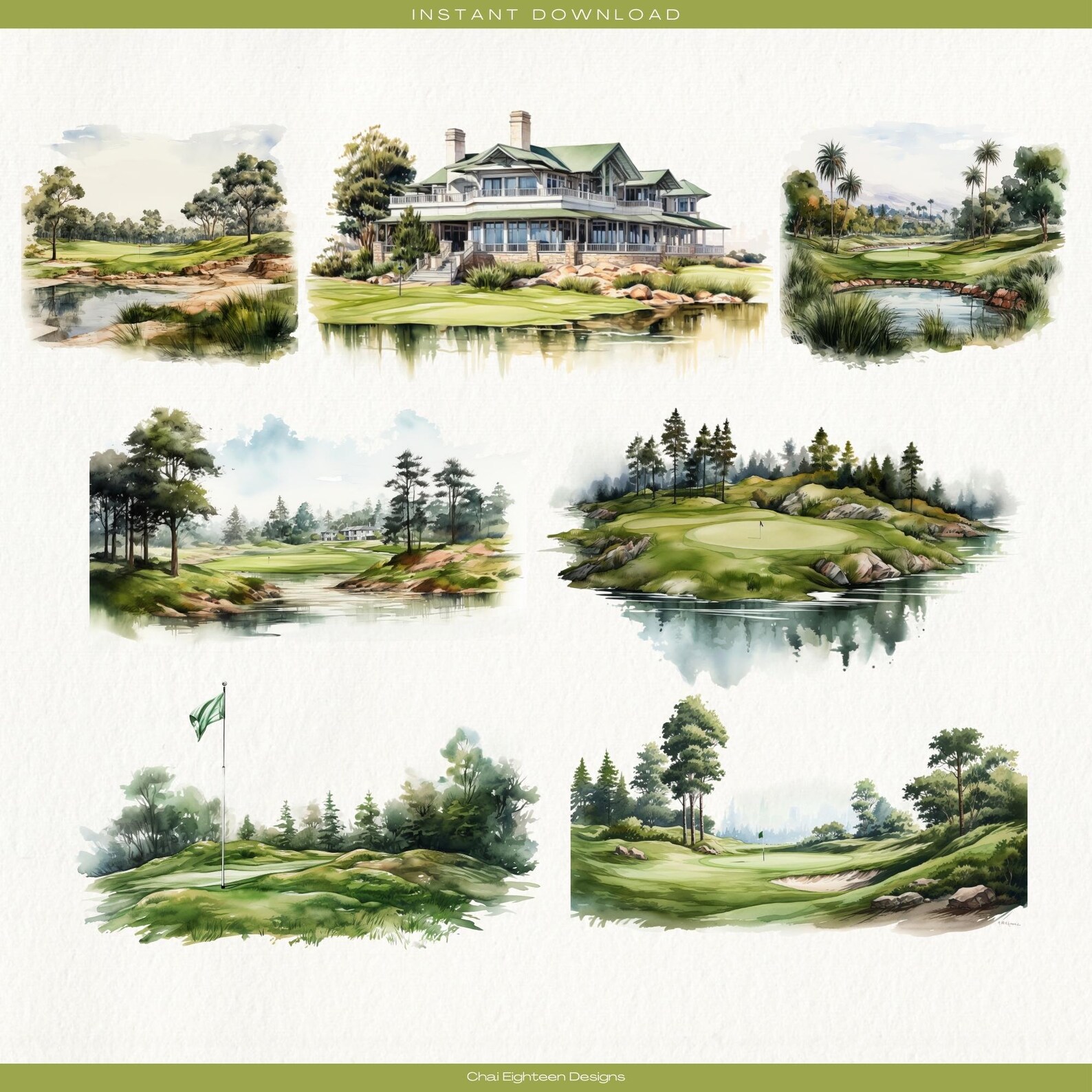 Watercolor Golf Clipart, Golf Cart PNG, Golf Club Clip Art, Golf ...