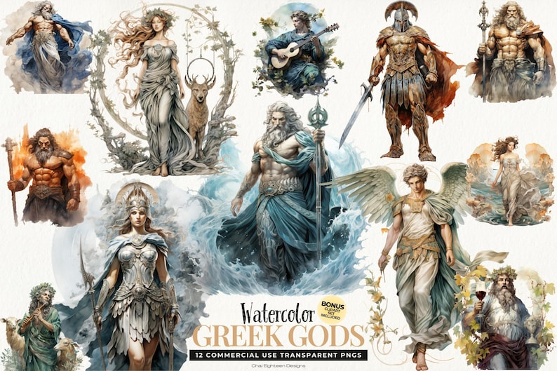 Watercolor Greek Gods Clipart Bundle, Mythology Themed Illustrations ...