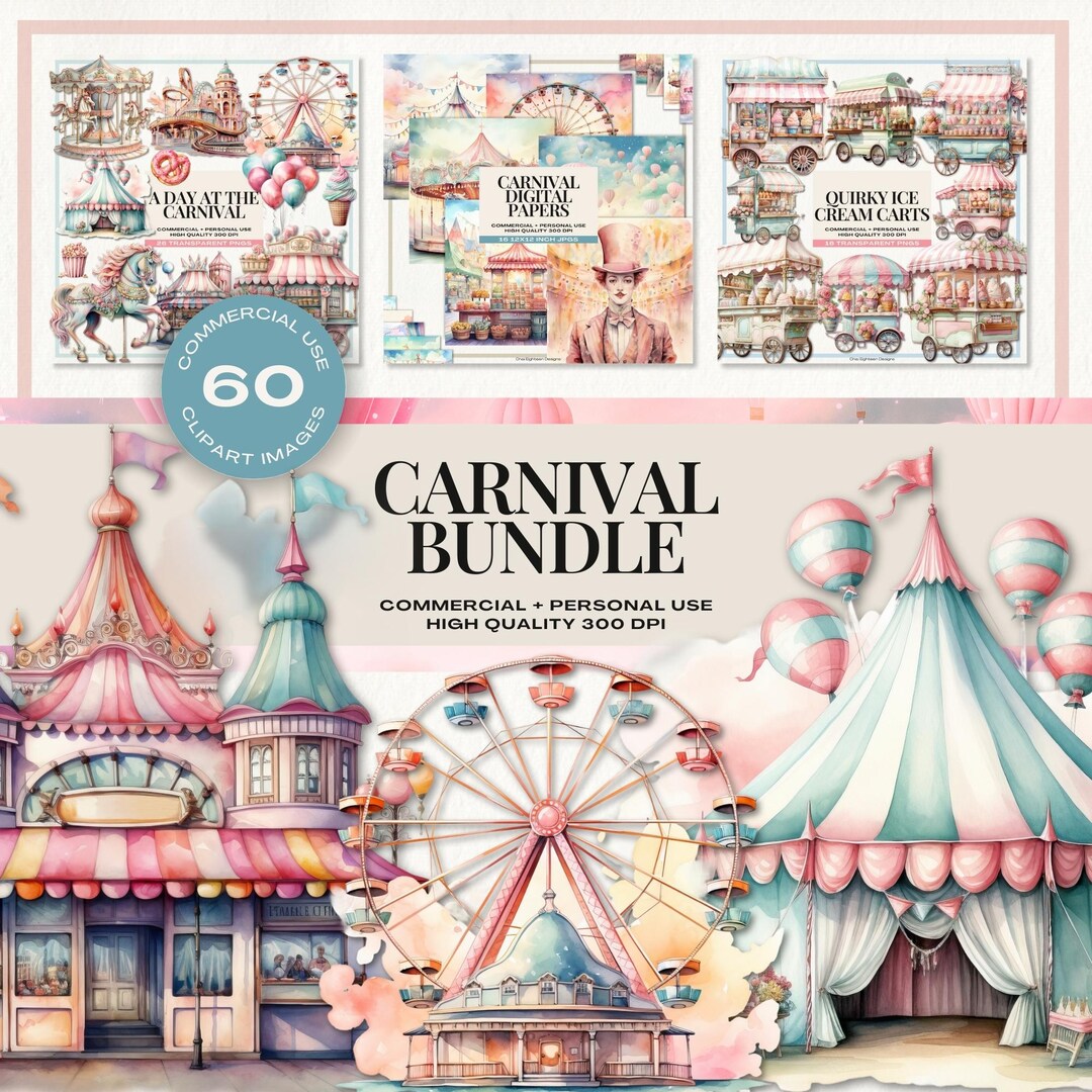Pastel Carnival Clipart and Papers Bundle, Vintage Circus Watercolor ...