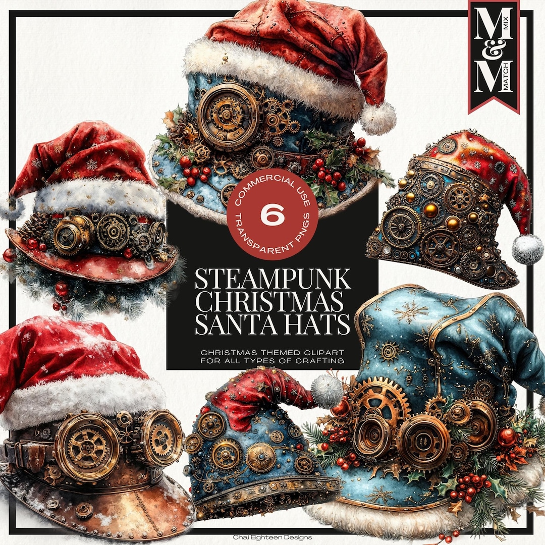 Steampunk Christmas Santa Hats Clipart, Retro Christmas Gear Pngs ...