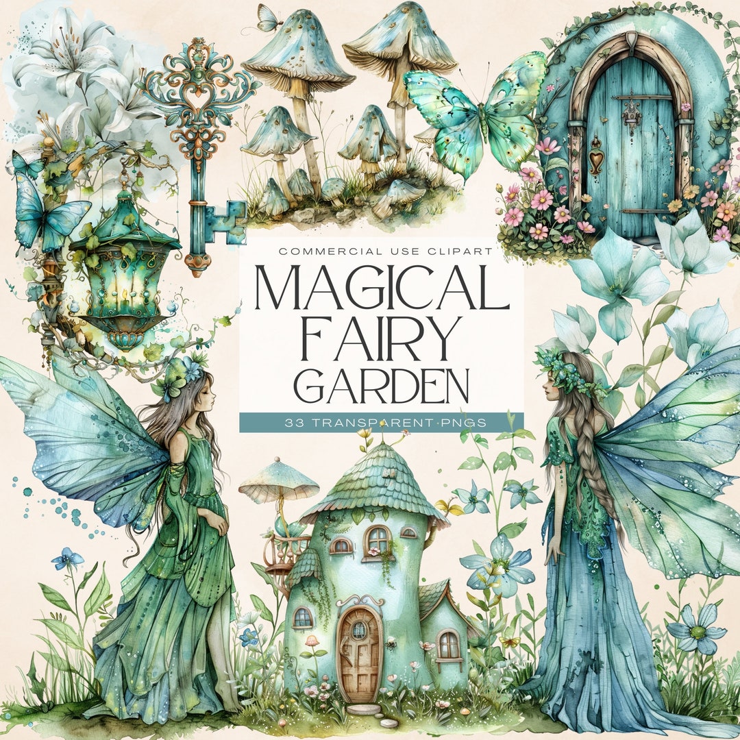 Magical Fairy Garden Clipart, Watercolor Clipart, Fairy Tale Clipart ...