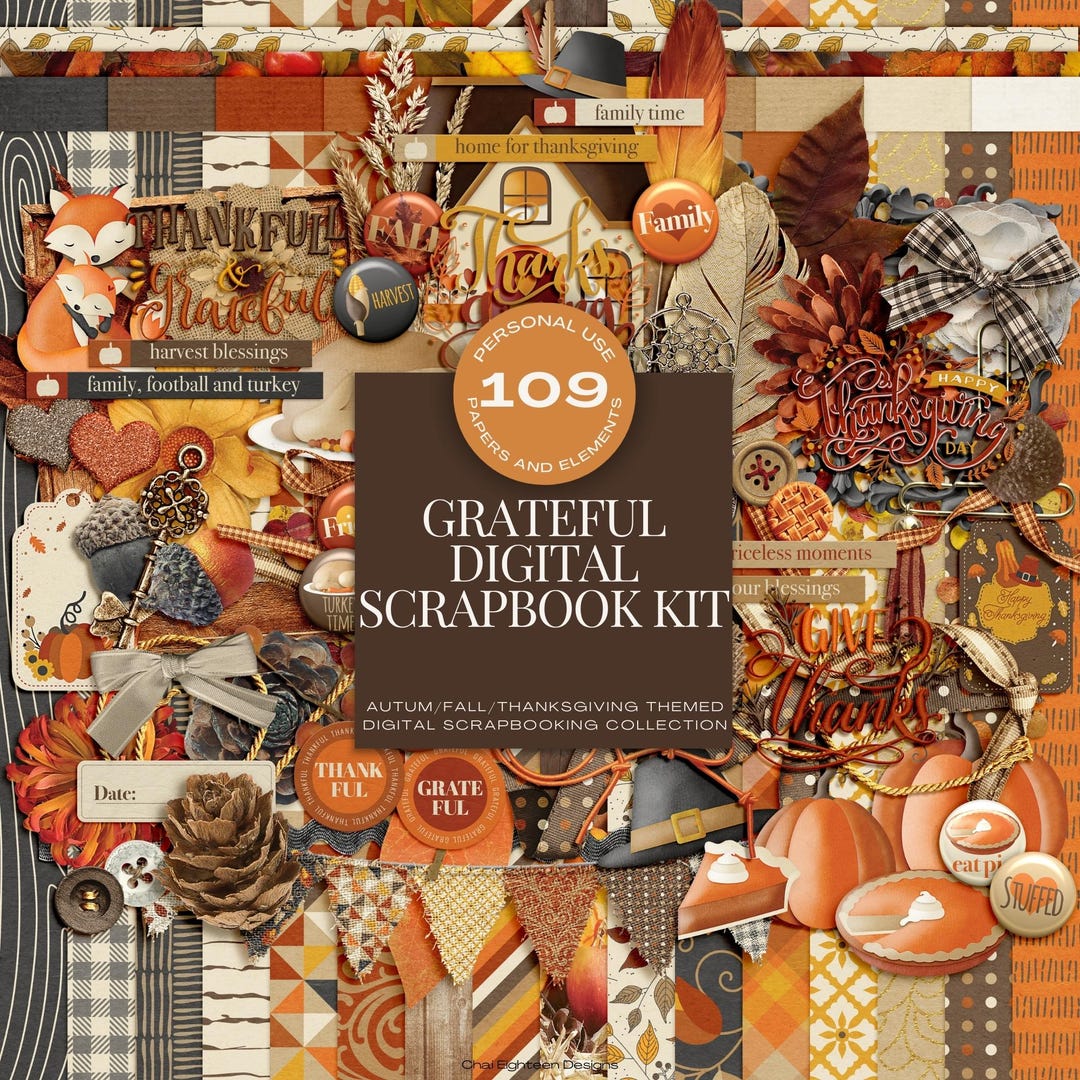 Thanksgiving Digital Papers, Grateful Digital Scrapbooking Kit ...