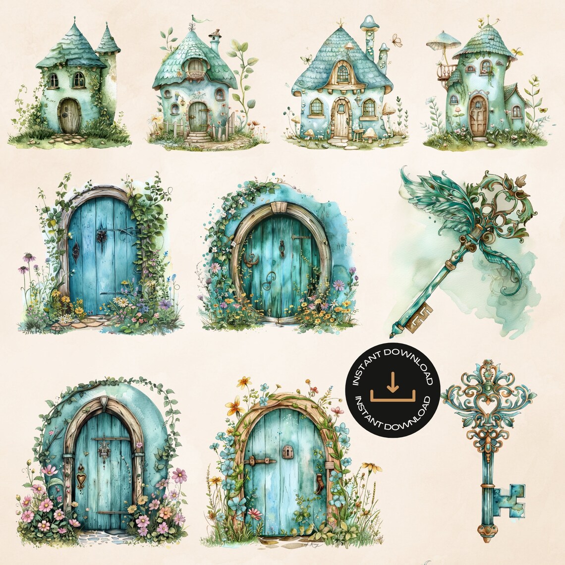 Magical Fairy Garden Clipart, Watercolor Clipart, Fairy Tale Clipart ...
