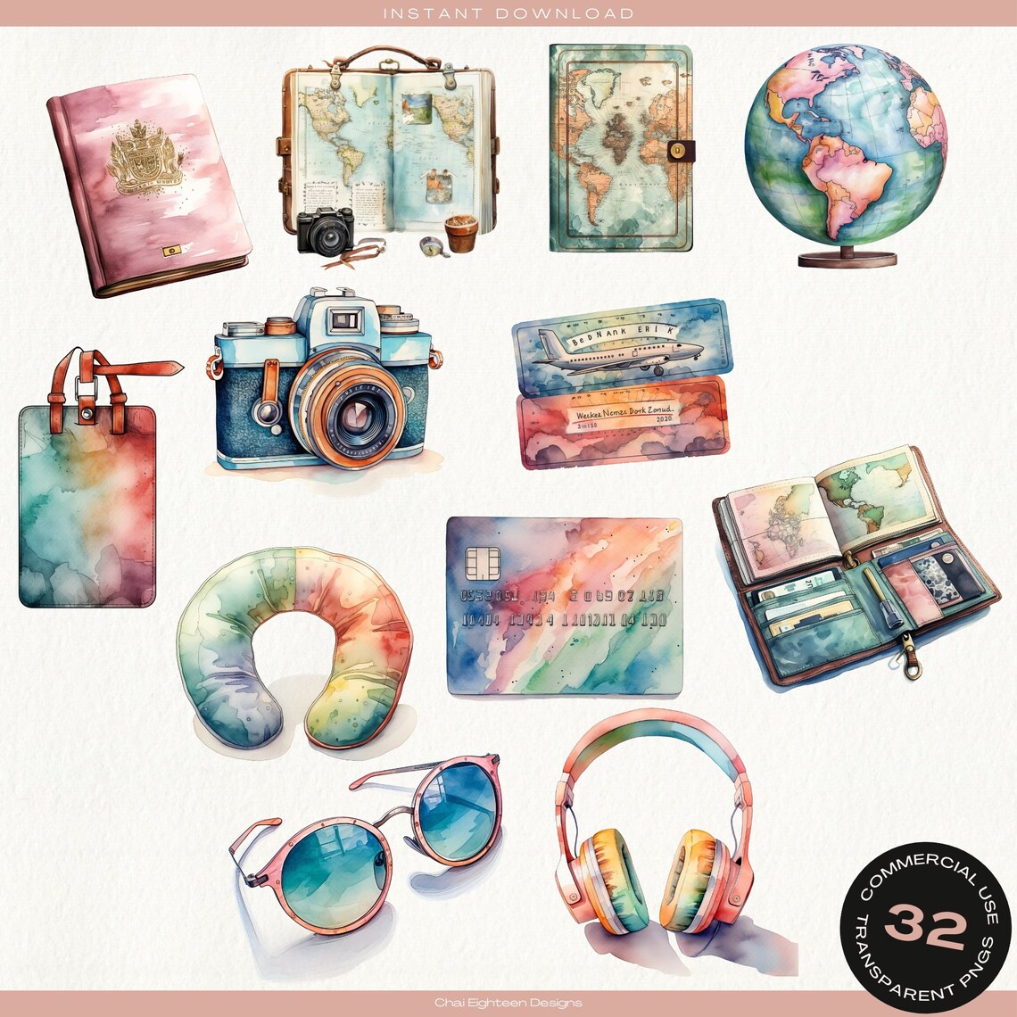 Watercolor Travel Clipart, Vacation Globe Clip Art, Summer Vacation ...