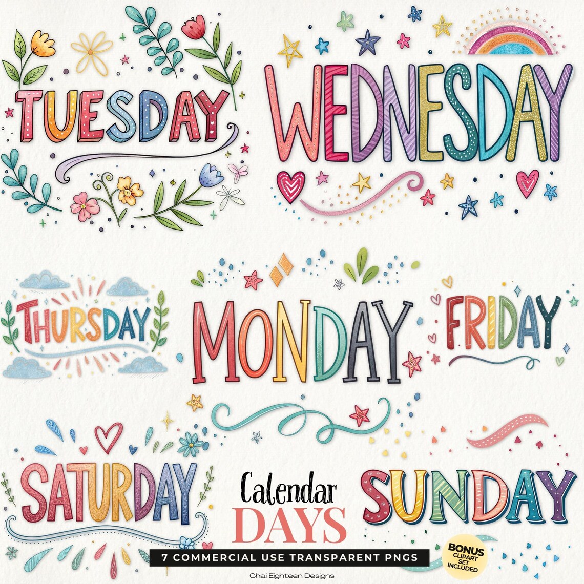 Days of the Week Printable Clipart, Daily Functional Planner Stickers ...