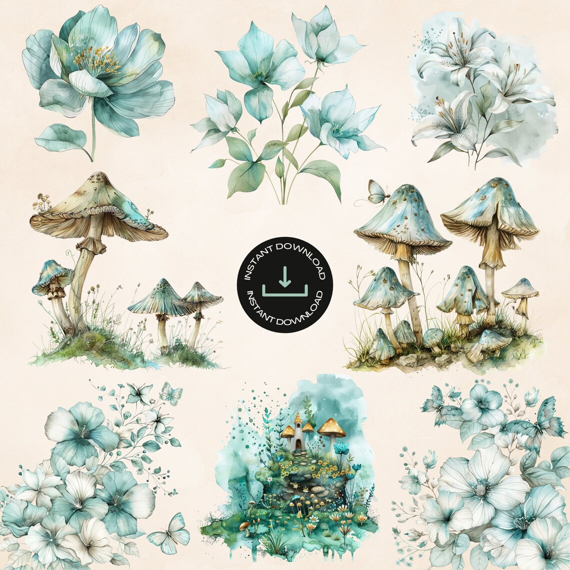 Magical Fairy Garden Clipart, Watercolor Clipart, Fairy Tale Clipart ...