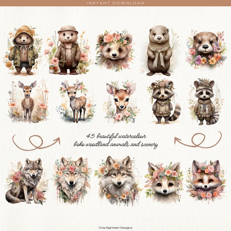 Boho Woodland Animal Clipart, Cute Forest Animals, Woodland Baby Shower ...