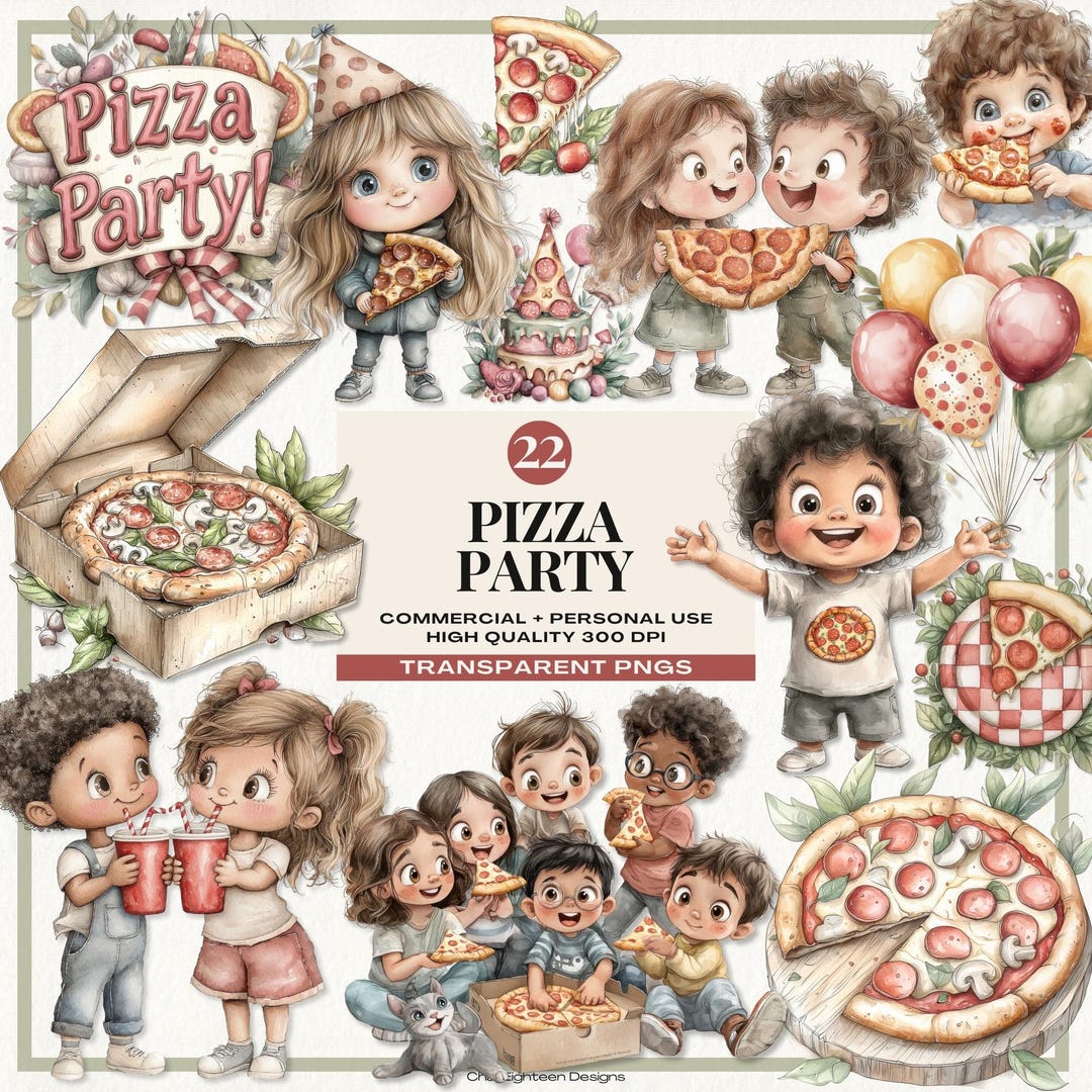 Watercolor Pizza Party Clipart PNG, Cute Kids Eating Pizza ...