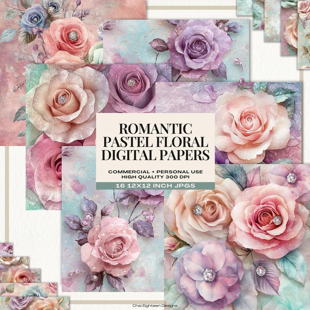 Romantic Floral Digital Paper Set, Pastel Flowers Backgrounds, Romantic ...